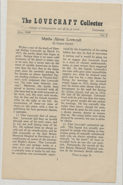 THE LOVECRAFT COLLECTOR. May, 1949. No. 2. The first appearance of ...